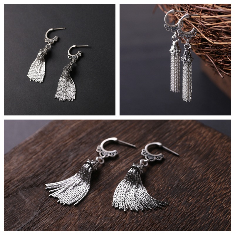 了凡居银饰 S925纯银泰国手工银民族风花边复古流苏耳坠耳环批发-阿里巴巴