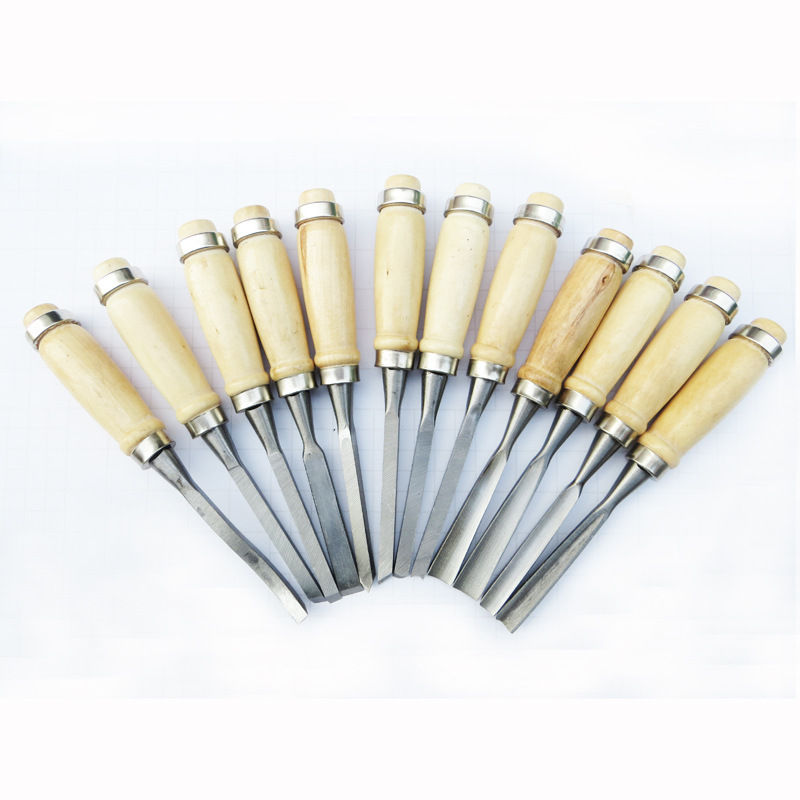 木工工具雕刻刀 12件套带皮袋木工雕刻刀木工凿 木柄钢根雕刻花凿-阿里巴巴