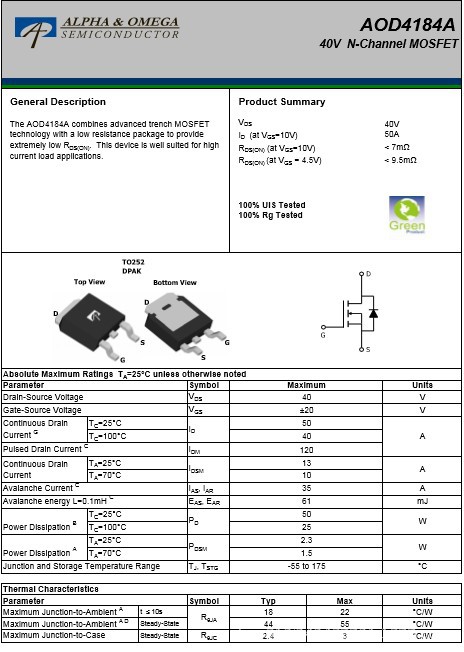 贴片AOS万代 AOD4184 TO252 N沟道 40V 50A A0D4184 MOS管-阿里巴巴