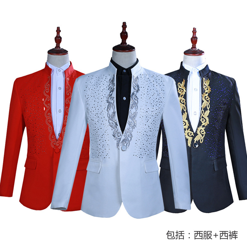 men's jazz dance suit blazers Men hot embossed and diamond stand collar ...