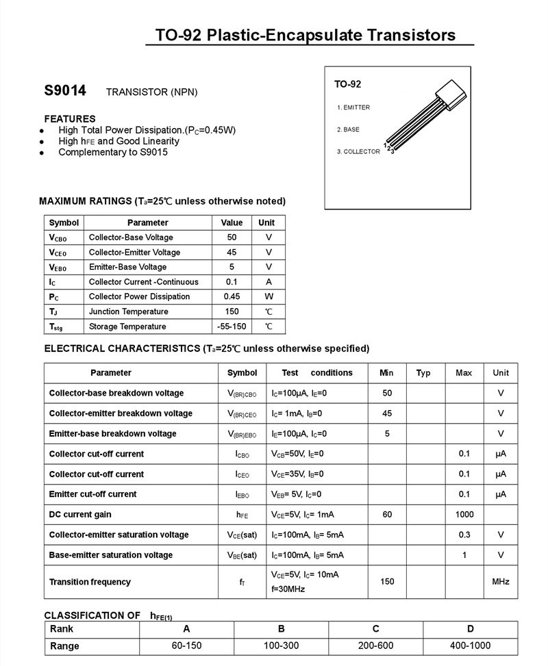 三极管 S9014 C 0.15A/45V NPN 双极晶体管 TO-92 全新原装 直插-阿里巴巴