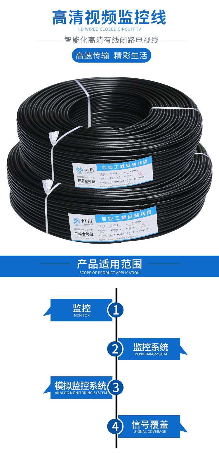 SYV-75-5全铜芯监控视频线96编铜网 无氧铜芯监控同轴线缆200米-阿里巴巴