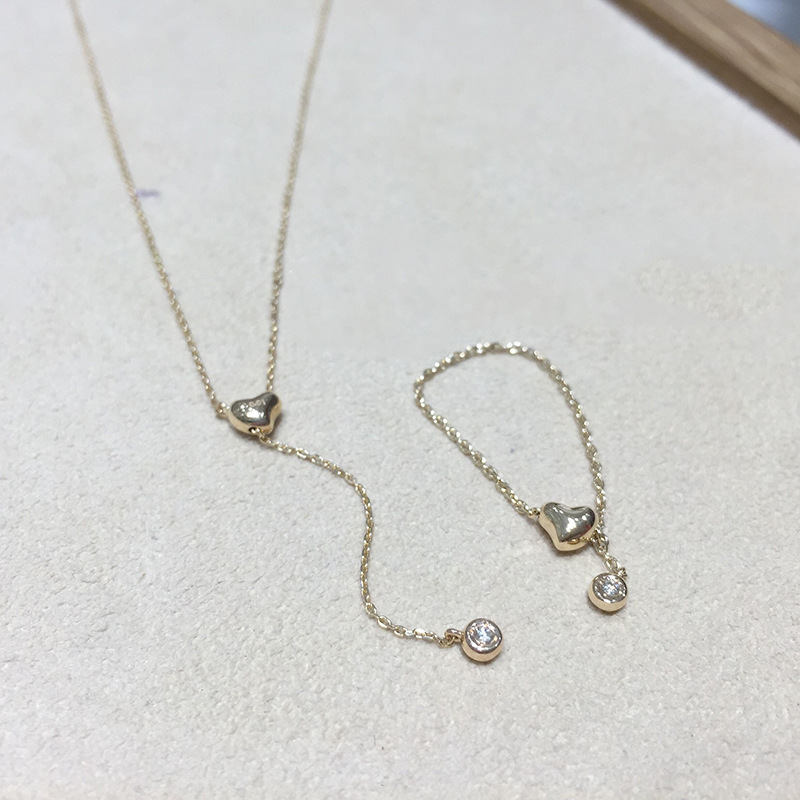 日式轻奢 爱心Y型可调节 纯银s925电镀18k金 项链 镶钻爱心锁骨链-阿里巴巴