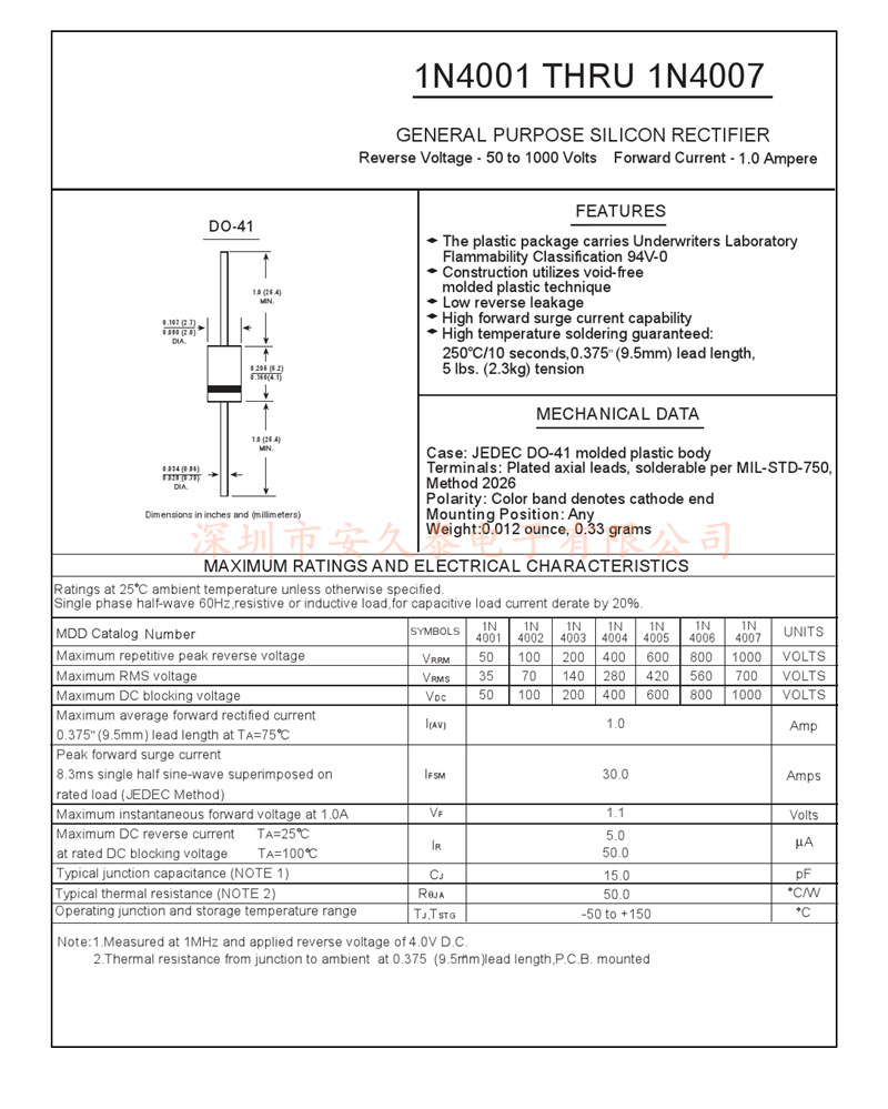 整流二极管 1N4001 IN4001 DO-41 1A 50V 直插 整流器 全新原装-阿里巴巴