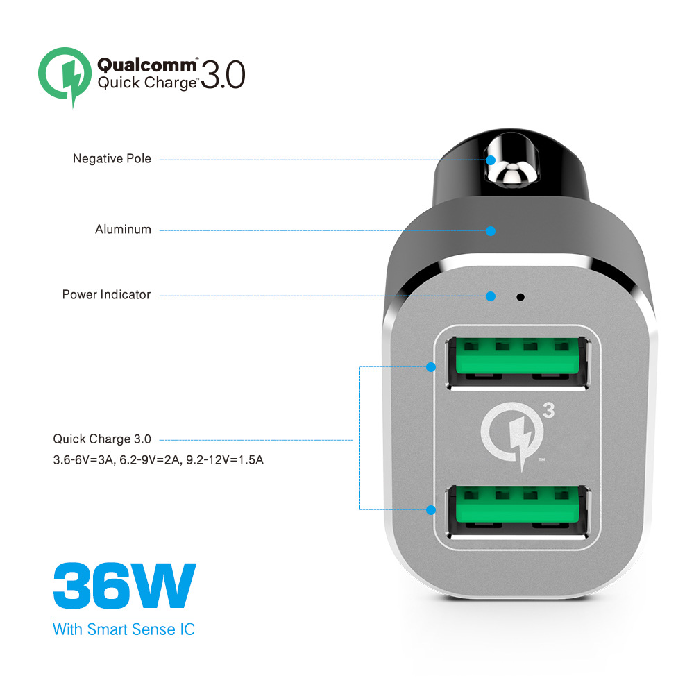 车充 QC3.0认证 双QC3.0车充 36W大功率 CE,FCC,ROHS车载车载快充-阿里巴巴