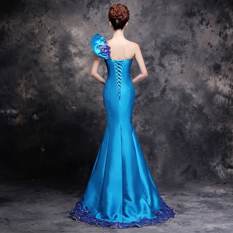 Turquoise color Evening dress for women one-shoulder long mermaid ...