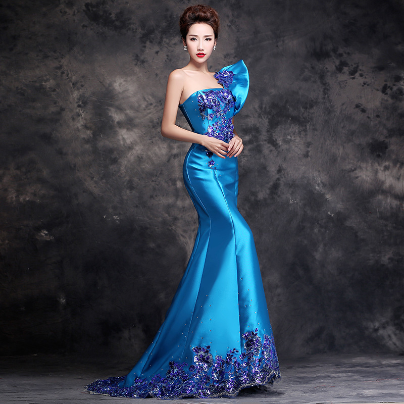 Turquoise color Evening dress for women one-shoulder long mermaid ...