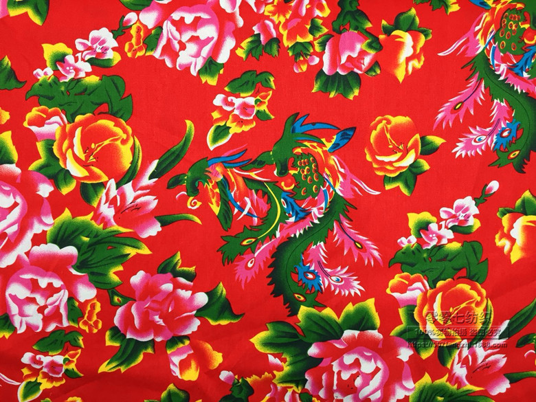 凤凰戏牡丹斜纹 全棉纱卡布料 民族风酒店装饰服装布料东北大花布-阿里巴巴