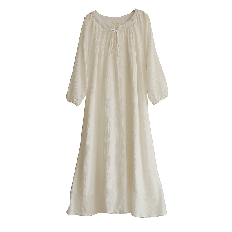 D9412 女式双层顺纡绉棉纱棉麻风七分袖中长款大摆连衣裙子-阿里巴巴