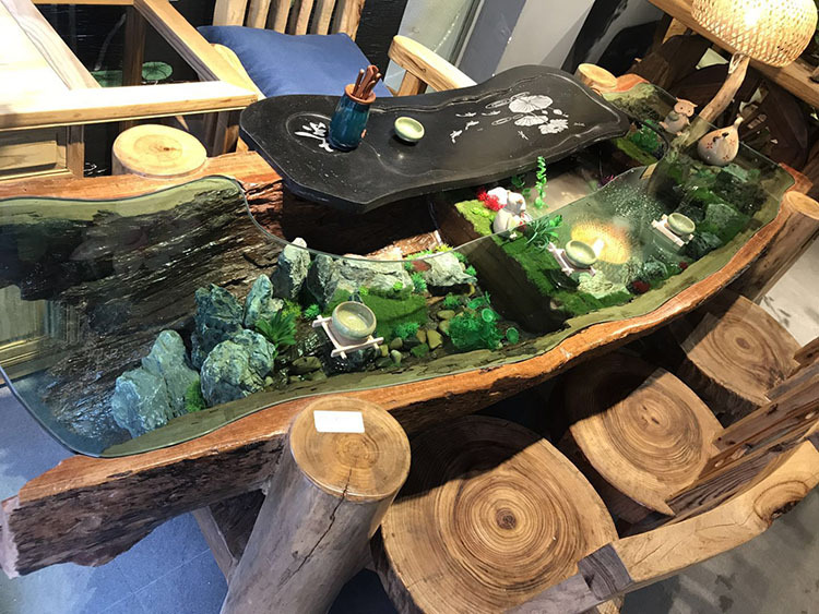 禅意香樟木新中式景观养鱼循环流水茶台创意桌椅玻璃茶台枯木厂家-阿里巴巴