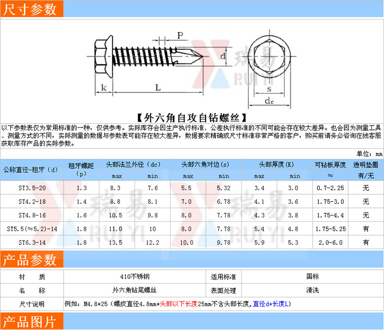 410不锈钢六角自钻螺钉六角法兰带垫钻尾螺丝M4.2M4.8M5.5M6.3-阿里巴巴
