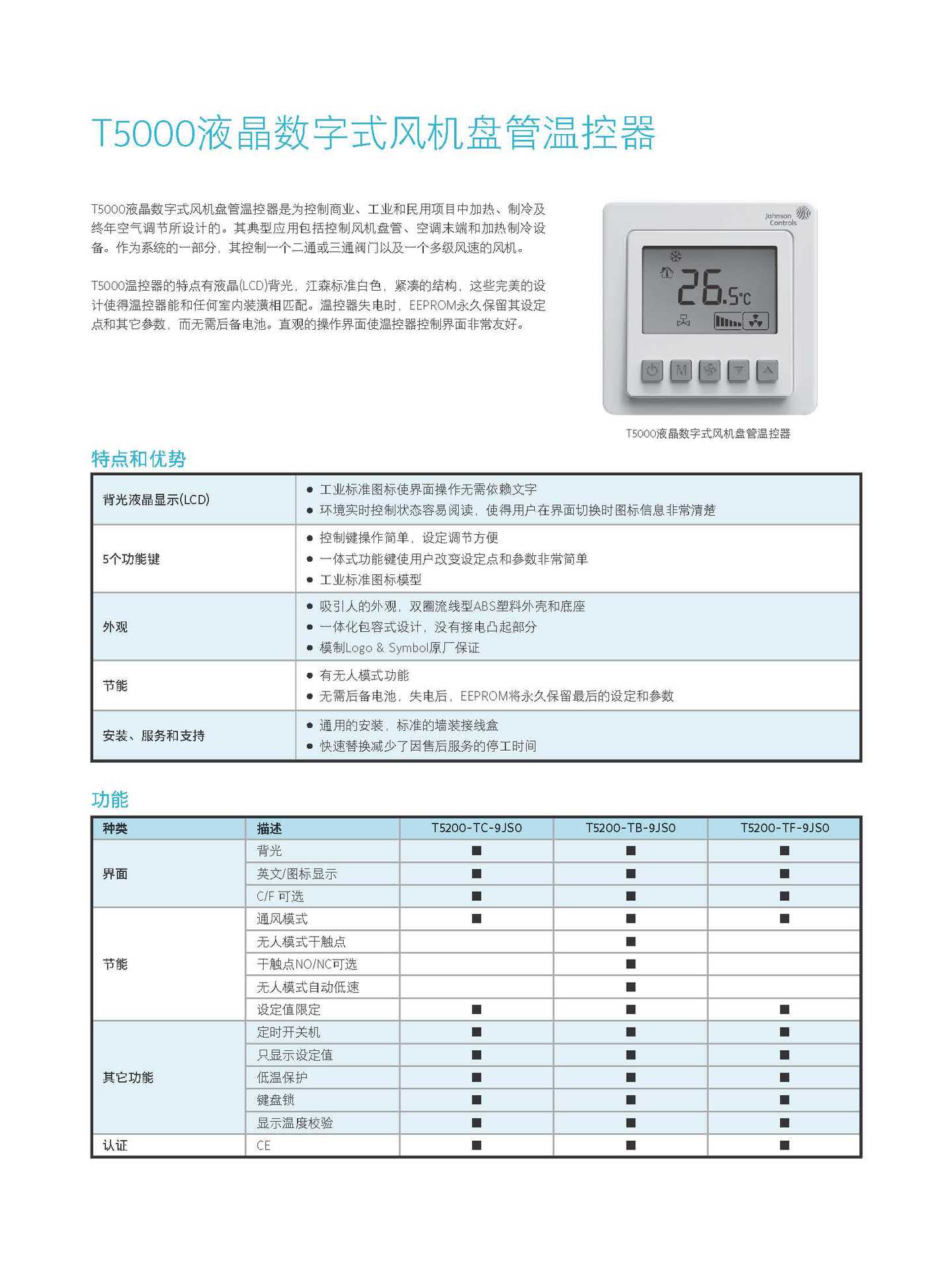 Johnson江森T5200-TC-9JS0 液晶风机盘管温控器中央空调开关-阿里巴巴