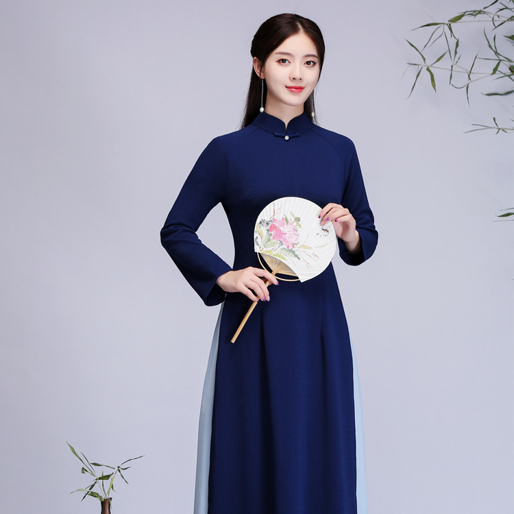 Navy Chinese style qipao dress oriental classical dance cheongsam hanfu ...