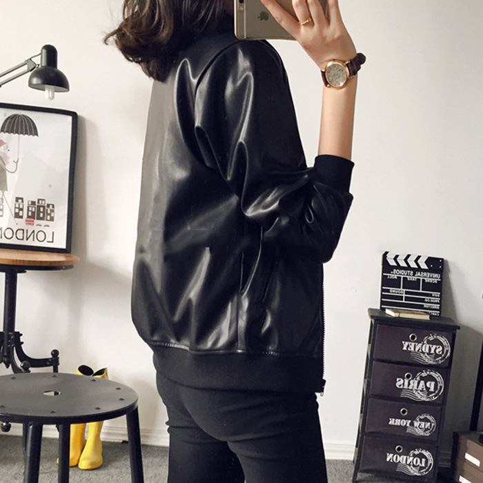 2021 super foreign style leather coat female student short retro stand ...