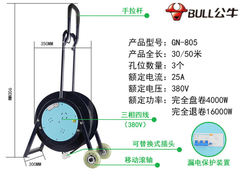 公牛工程线盘GN-805电源盘380V/25A带拉杆30/50米移动拖车电缆盘-阿里巴巴