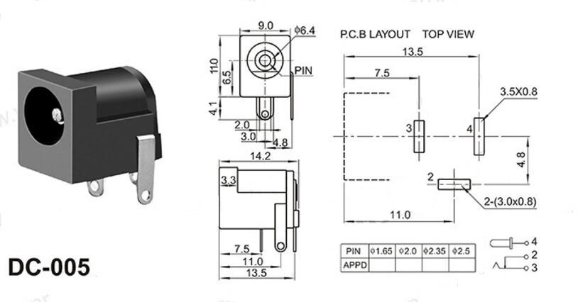 DC-005电源插座直流弯插 DC三脚插座卧式插件2.0铁针dc005连接器-阿里巴巴