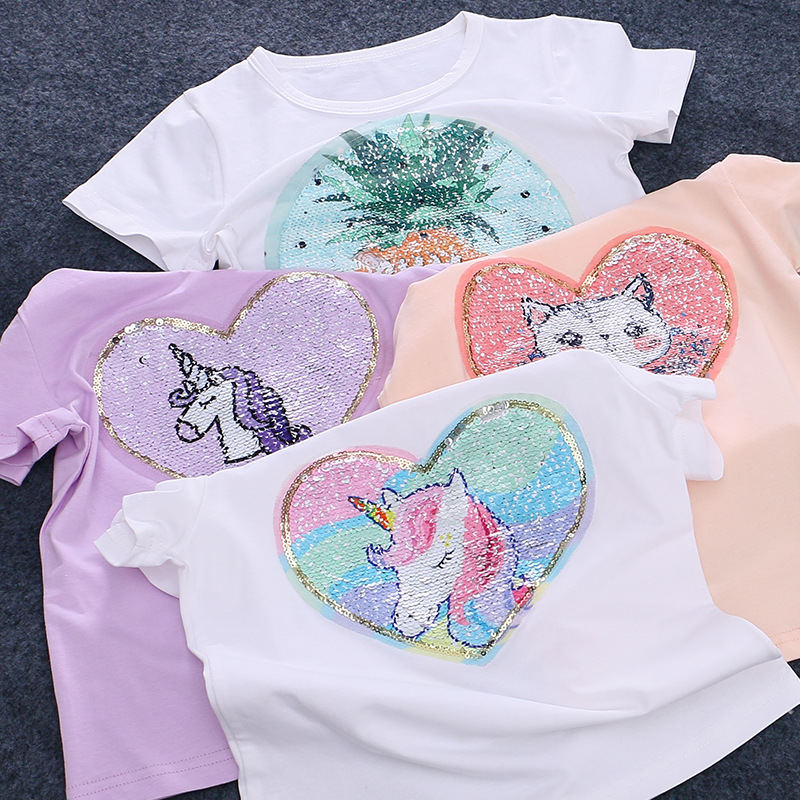 Cross border ins pop girls' sequins reversible color changing T-shirt ...