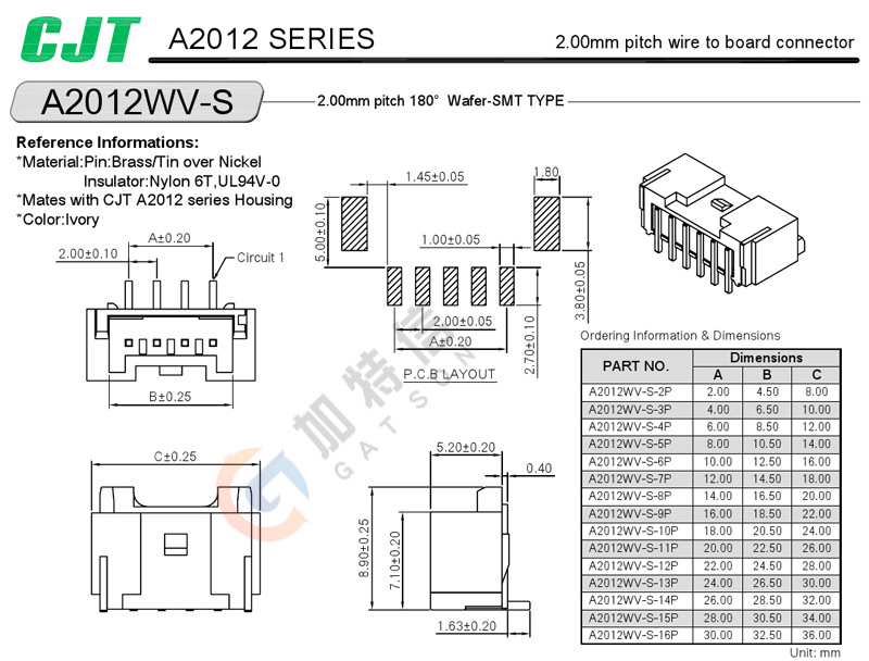 A2012WV-S-6P 连接器原装 立式贴片连接器 6PIN 间距P=2.0MM-阿里巴巴