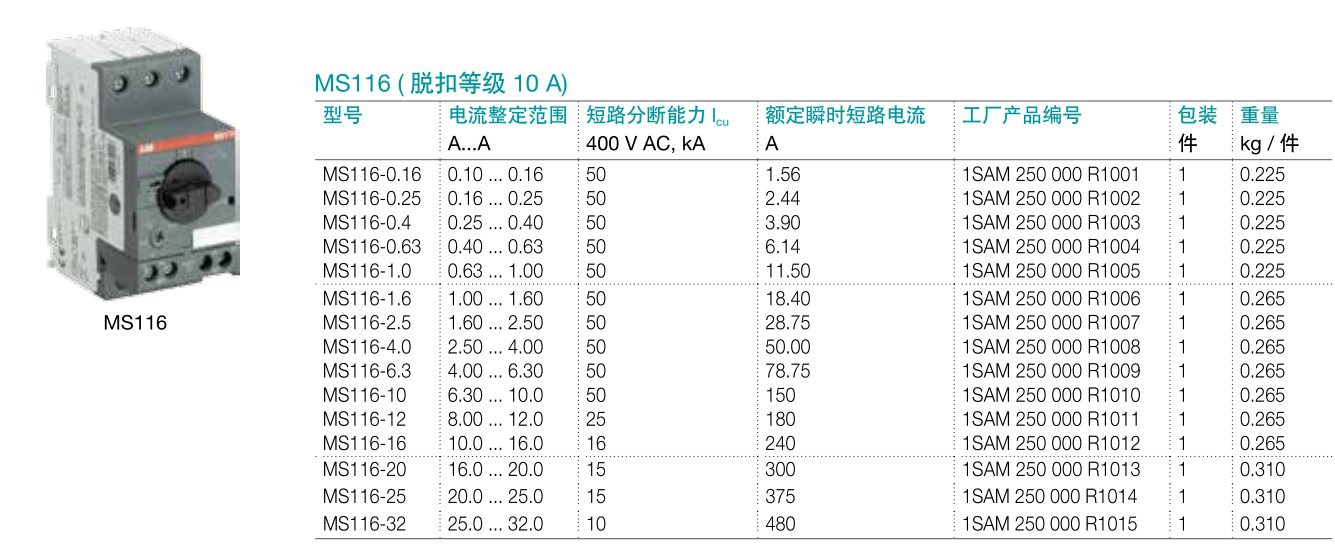 ABB马达电机保护用断路器MS116-6.3 10140952全新原装正品现货-阿里巴巴