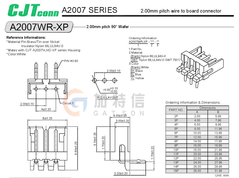 A2007WR-7P CJT/长江连接器AMP2.0弯插 线对线 线对板针座连接器-阿里巴巴