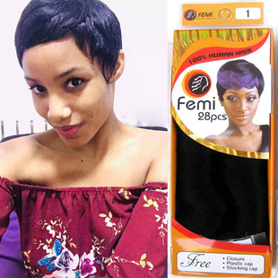 真人发黑色短卷假发片FEMI 28PCS非洲接发Brazilian hair weavon-阿里巴巴