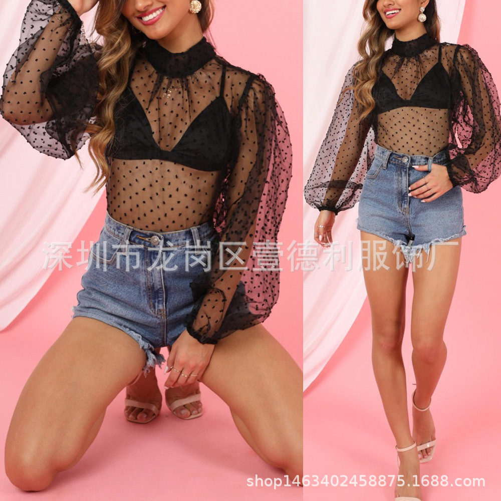 eBay热销 跨境性感透视网纱灯笼袖罩衫蝴蝶结系带T恤新款SU1979-阿里巴巴
