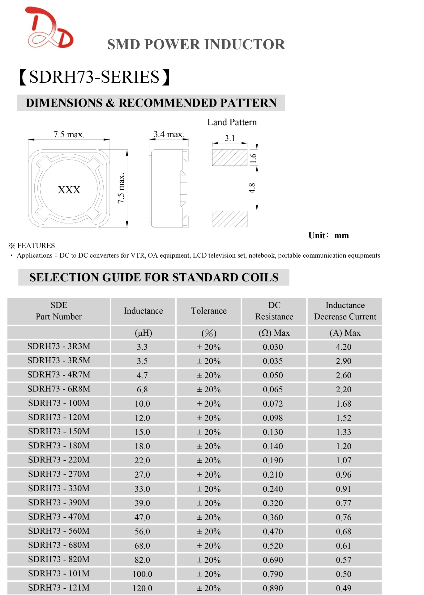 厂家贴片屏蔽功率电感 SDRH73-821M 7*7*3 820UH 0.18A-阿里巴巴