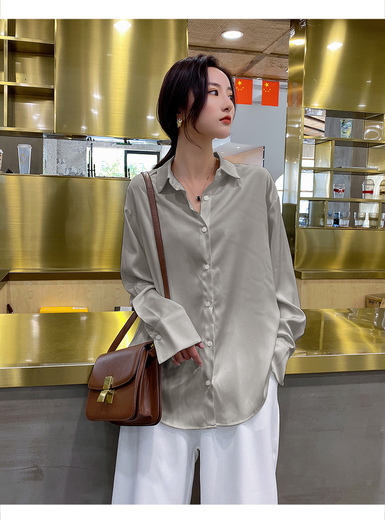 春秋新款韩版缎面衬衫女宽松柔滑绸缎长袖大码设计感小众洋气衬衣-阿里巴巴