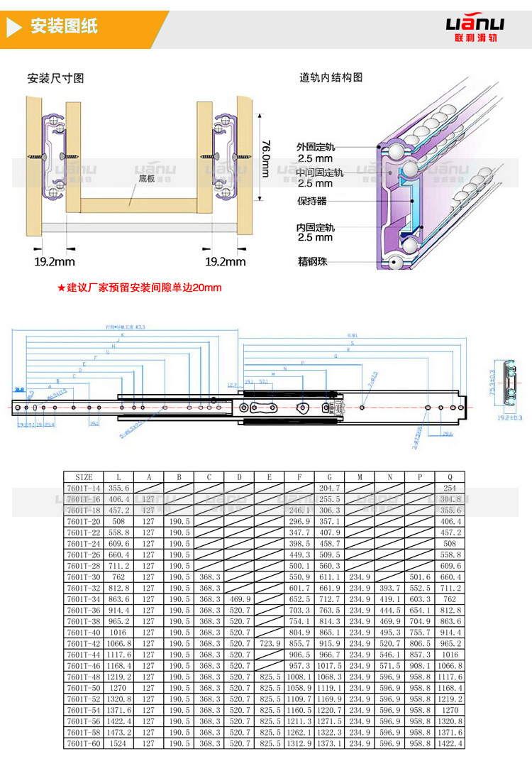 9301E76宽36寸重型三节滑轨76宽重型不锈钢抽屉滑轨IDB31重型滑轨