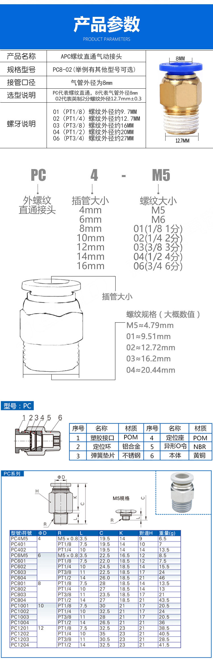 亚德客型快速铜接头白色PC8-01螺纹直通接头PC10-02 快插APC8-G02-阿里巴巴