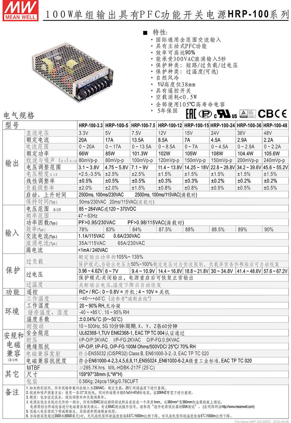 HRP-100-24/12/36台湾明纬100W环保开关电源带主动式PFC功能-阿里巴巴