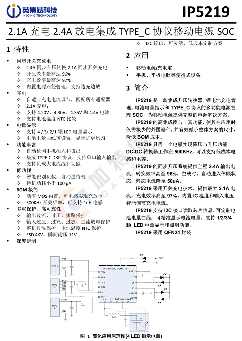 IP5219 QFN24 IP/英集芯原装 5V 2A充放电 TYPE_C移动电源管理IC-阿里巴巴