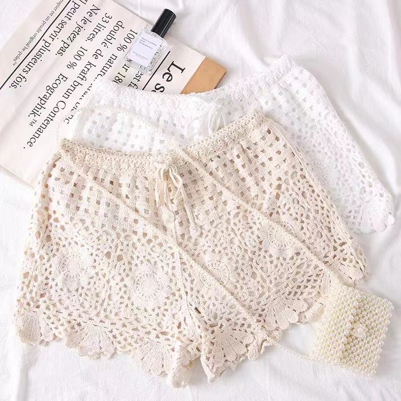 针织钩花镂空温泉沙滩休闲蕾丝短裤女防走光安全裤宽松打底裤外穿-阿里巴巴