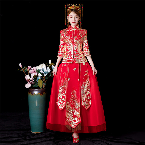 Chinese style wedding dress sleeve embroidery longfeng flown cheongsam ...