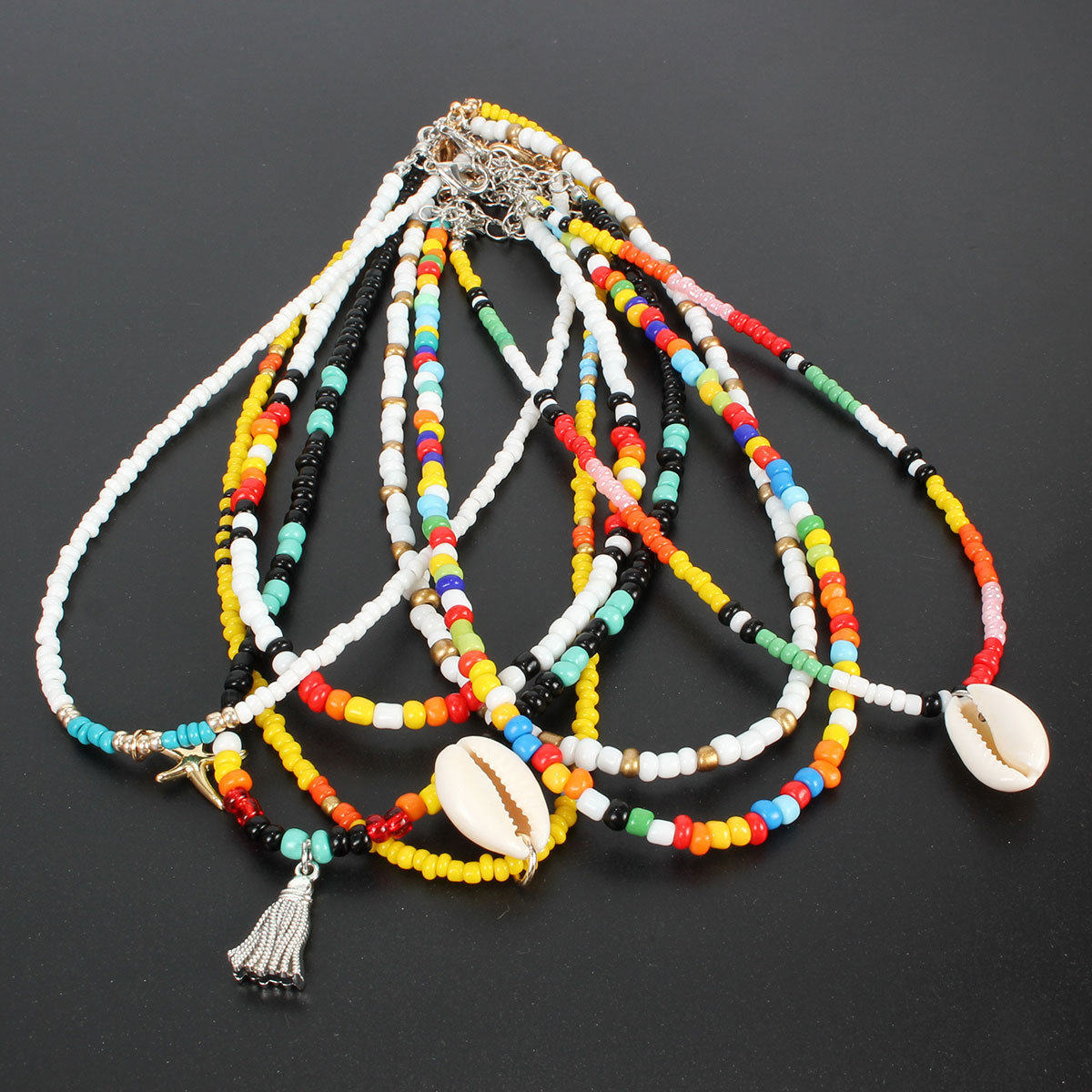 Bohemian starfish shell color rice beads choker NHCT147156