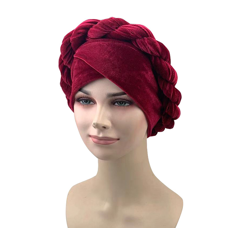 新款天鹅绒麻花辫头巾帽光板纯色辫子穆斯林帽子-阿里巴巴