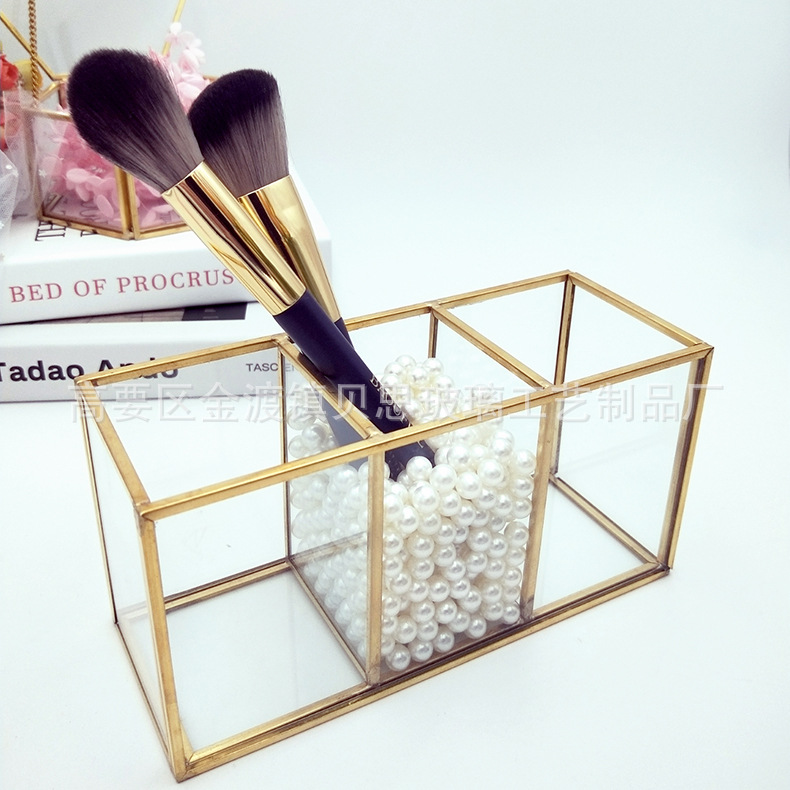 Glass makeup brush storage bucket desktop horizontal Three-grid pen ...