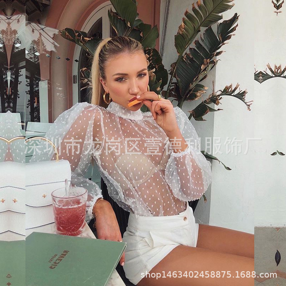 eBay热销 跨境性感透视网纱灯笼袖罩衫蝴蝶结系带T恤新款SU1979-阿里巴巴