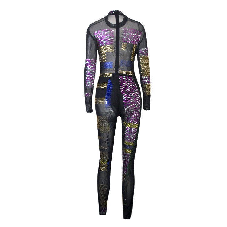 2021 Women Sexy Multi Rhinestone Club Bodycon Jumpsuits Black Sheer ...