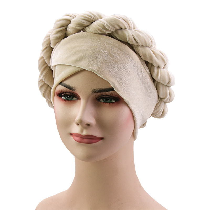 新款天鹅绒麻花辫头巾帽光板纯色辫子穆斯林帽子-阿里巴巴