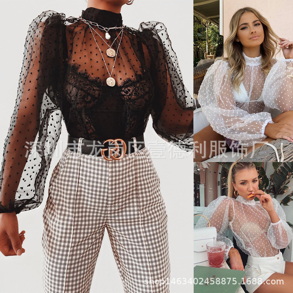 eBay热销 跨境性感透视网纱灯笼袖罩衫蝴蝶结系带T恤新款SU1979-阿里巴巴