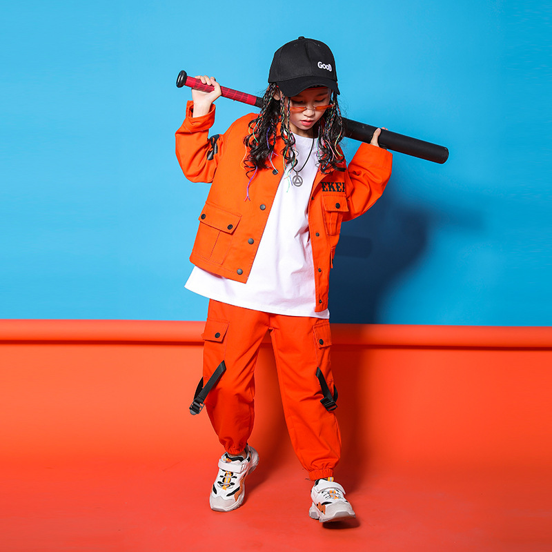 Boy orange color street rapper hip-hop jazz dance costumes girl ...