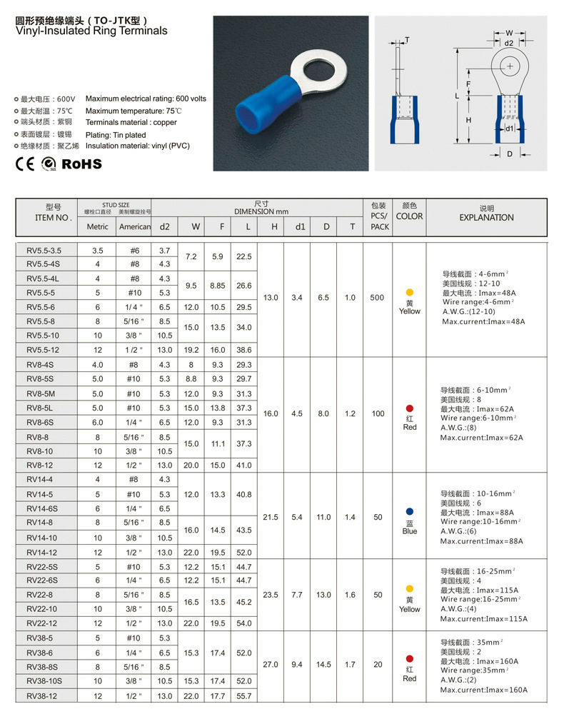 冷压端子RV5.5接线端头紫铜圆形预绝缘接线端子-阿里巴巴