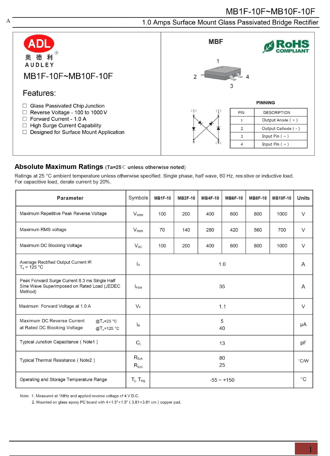 奥德利 厂家直销 MB10F 贴片整流桥 46MIL MBF封装0.8A SOP 4超薄-阿里巴巴