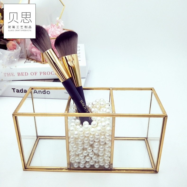 Glass makeup brush storage bucket desktop horizontal Three-grid pen ...