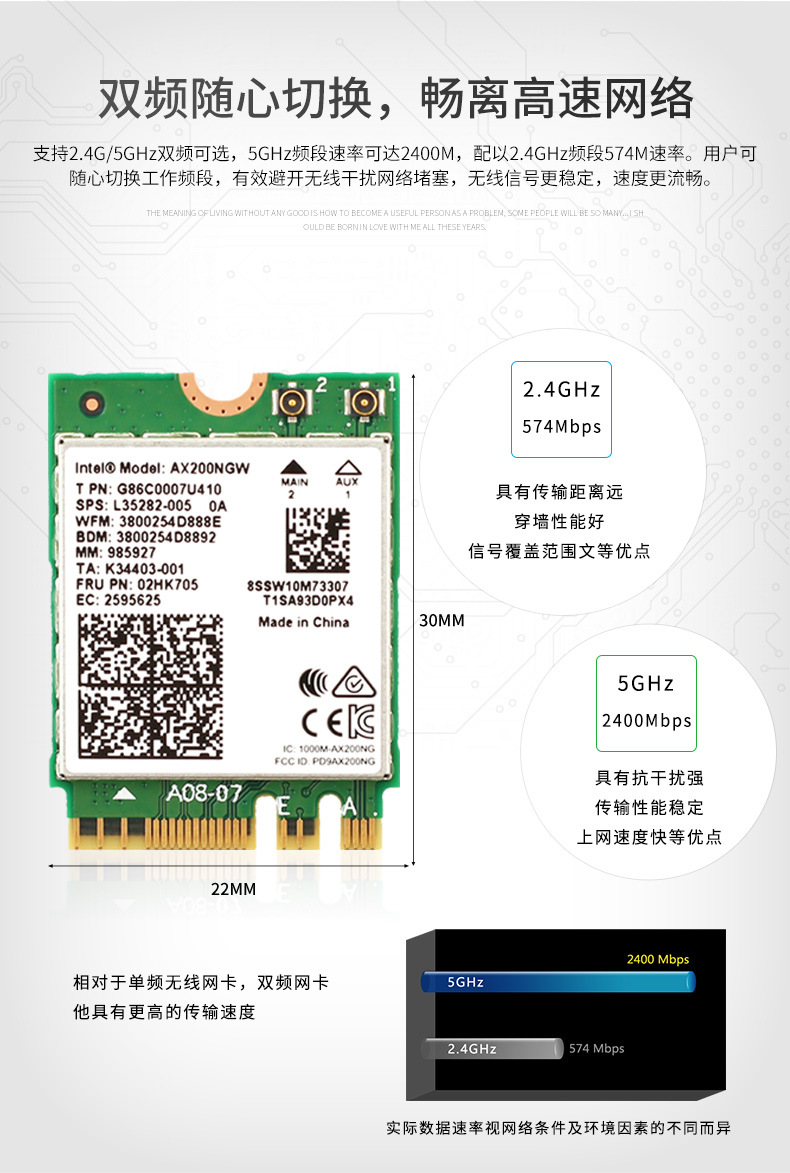 适用Intel AX200 WIFI6 双频5G 2400M千兆M2无线网卡NGFF蓝牙5.2-阿里巴巴