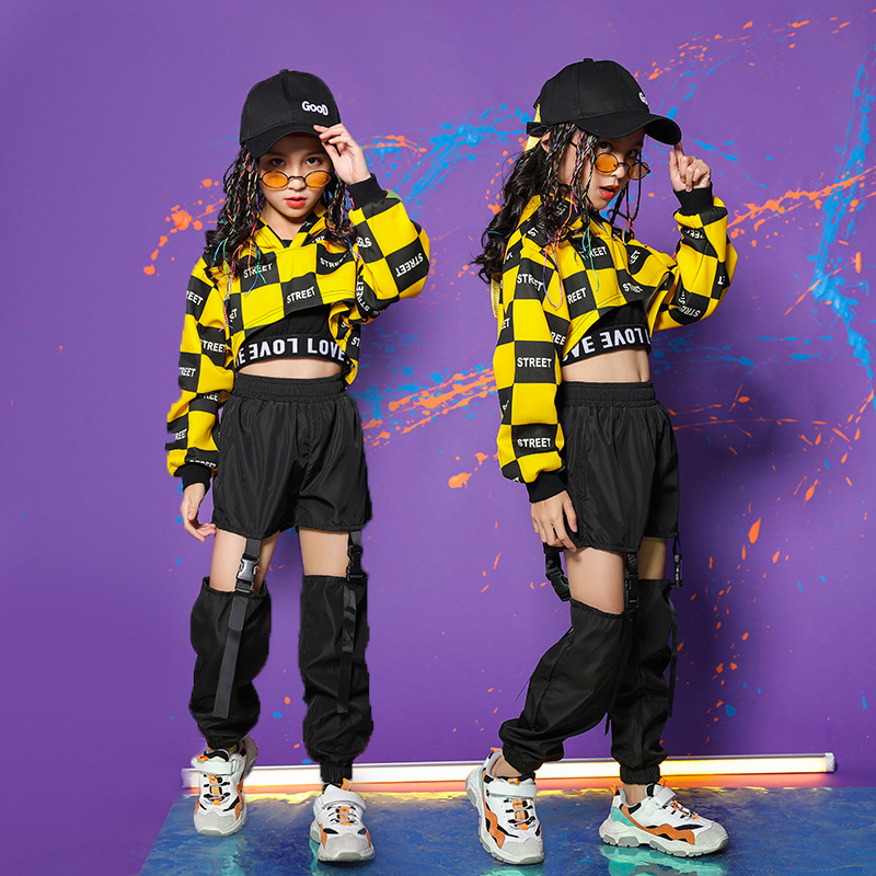 Girls yellow plaid Hiphop Street jazz Dance costumes for girls kids ...