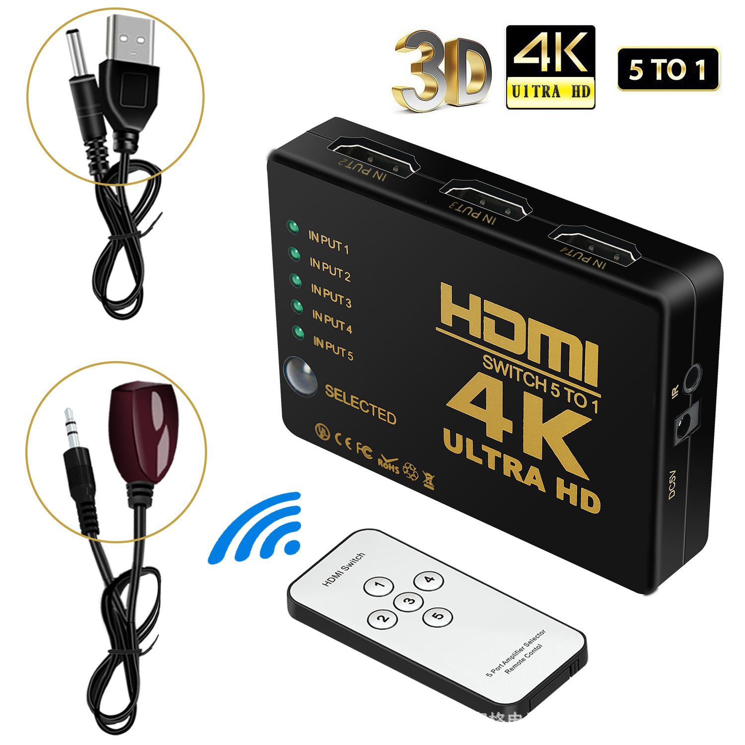 厂家直销 HDMI高清视频切换器4K五切一带遥控 5进1出 支持4K 3D-阿里巴巴