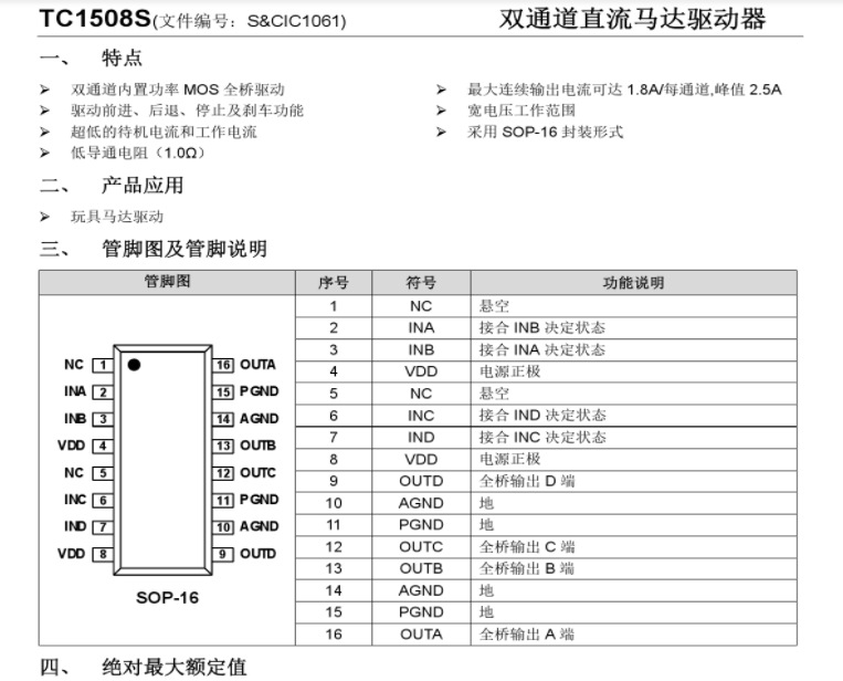 TC1508S 1508S 双通道直流马达驱动IC 全新原装 贴片SOP-16-阿里巴巴