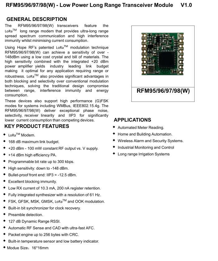 SX1276 RFM95 RFM95W-868S2 RFM95 868Mhz 欧洲版本 LoRa模块-阿里巴巴